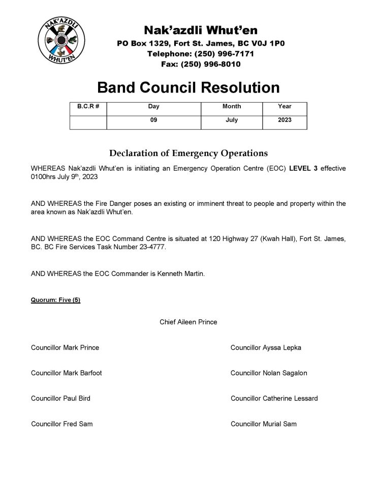 BCR on Emergency Operations Centre (EOC) Initiation | Nak'azdli Whut'en