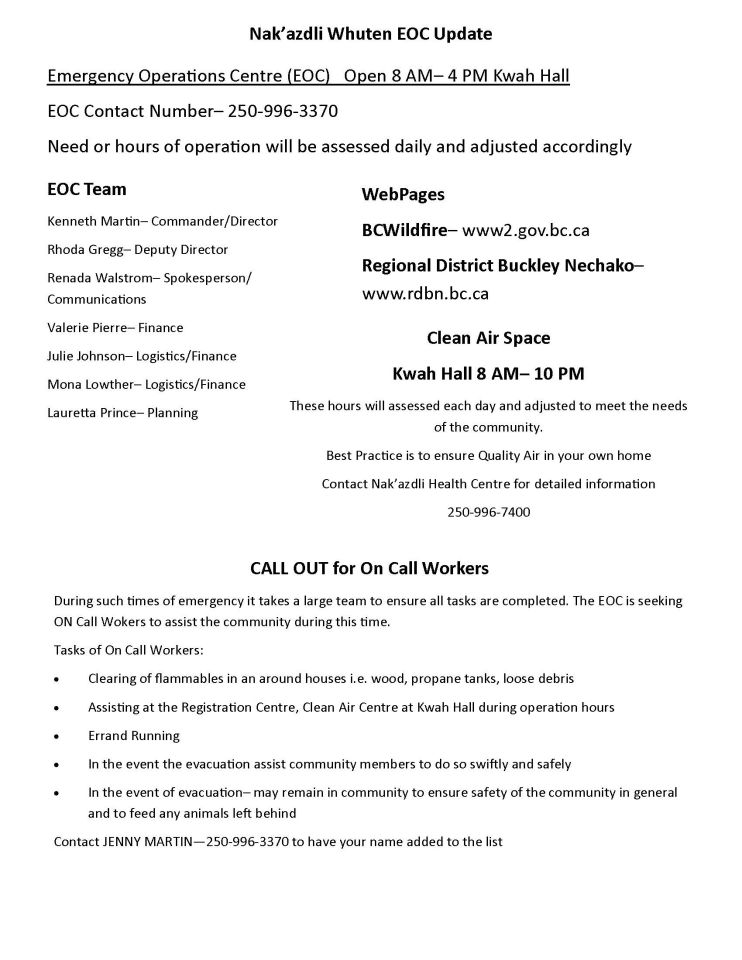 Nak'azdli Whut'en EOC Update as at July 10, 2023 | Nak'azdli Whut'en